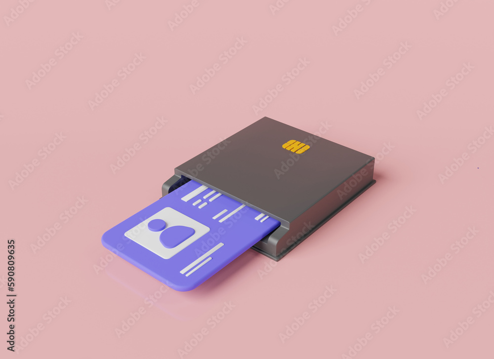 Smart card reader with Id card on pink background. Chip card reader ...