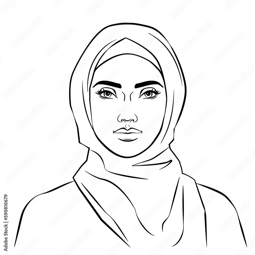 beautiful arabian muslim woman in hijab portrait line drawing outline ...