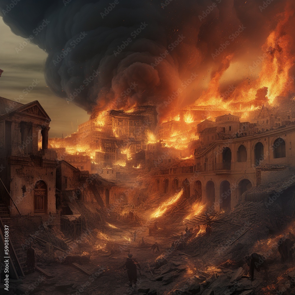 Haunting digital illustration of the Great Fire of Rome, set by Emperor ...