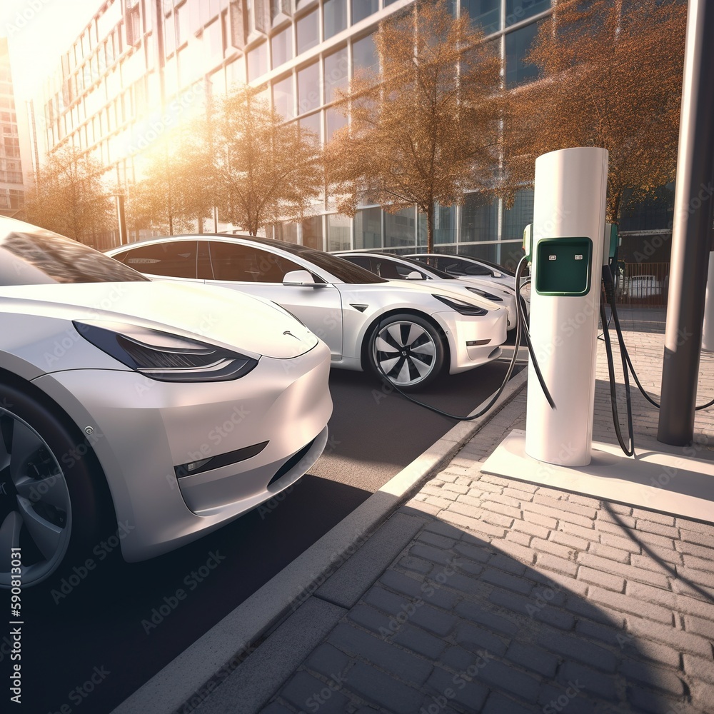 EV car with pump plug in charging power to electric vehicle EV car on ...