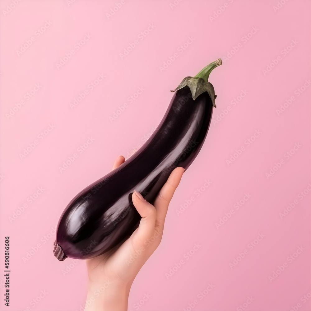 Hand Holding Long Eggplant Representing Penis Masculinity On Pink
