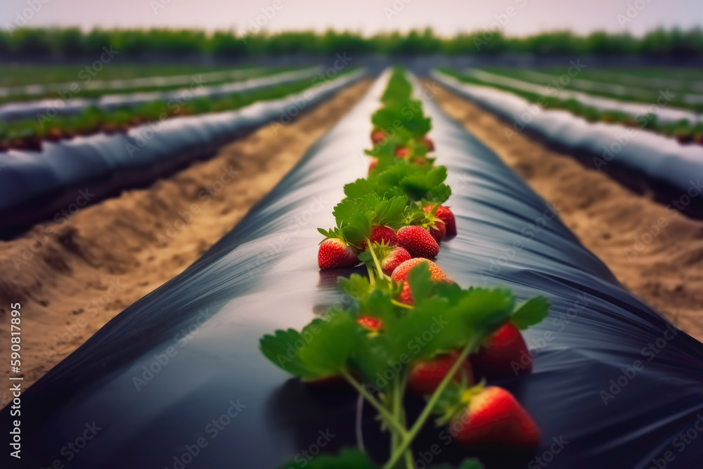 Rows of strawberry on ground covered by plastic mulch film. Cultivation ...