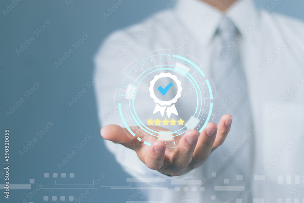 Hand shows the sign of the top service Quality assurance, Guarantee ...