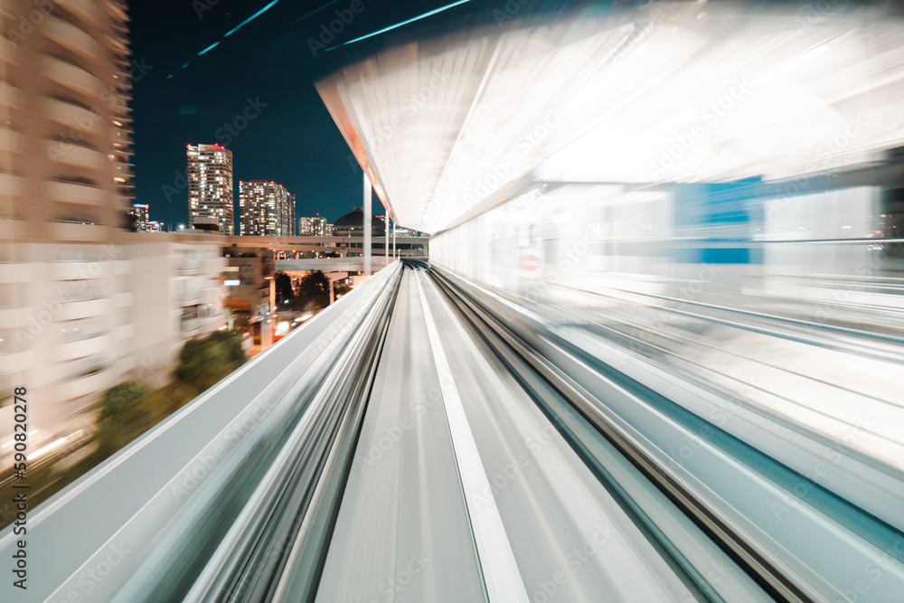 Motion blurred of train moving inside tunnel with daylight in tokyo ...