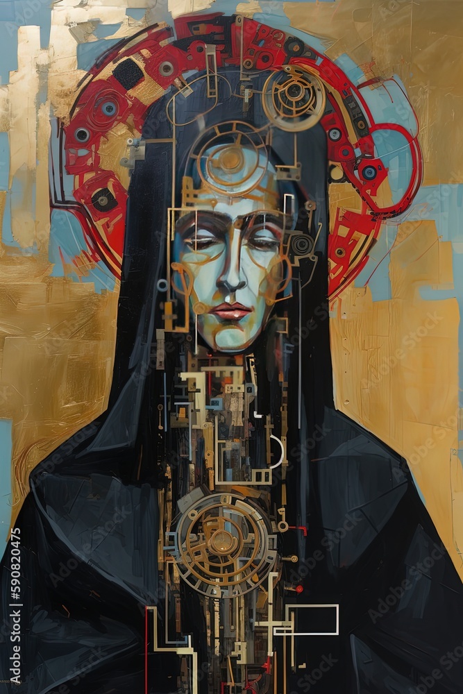 Painting of a robot artificial intelligence as a holy religious symbol ...