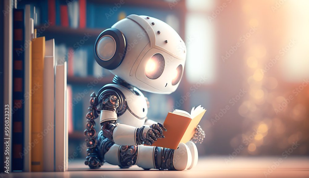 ai robot reading book in library, AI generative Stock Illustration | Adobe Stock