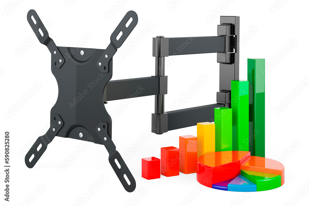 TV Monitor Wall Mount with growth bar graph and pie chart. 3D rendering ...