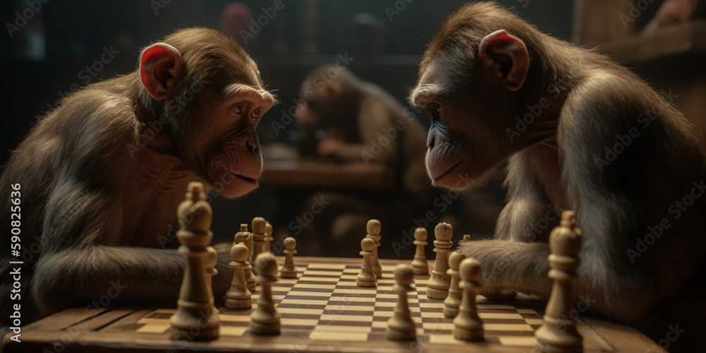 Illustration of two monkeys playing chess. The concept of intelligence ...
