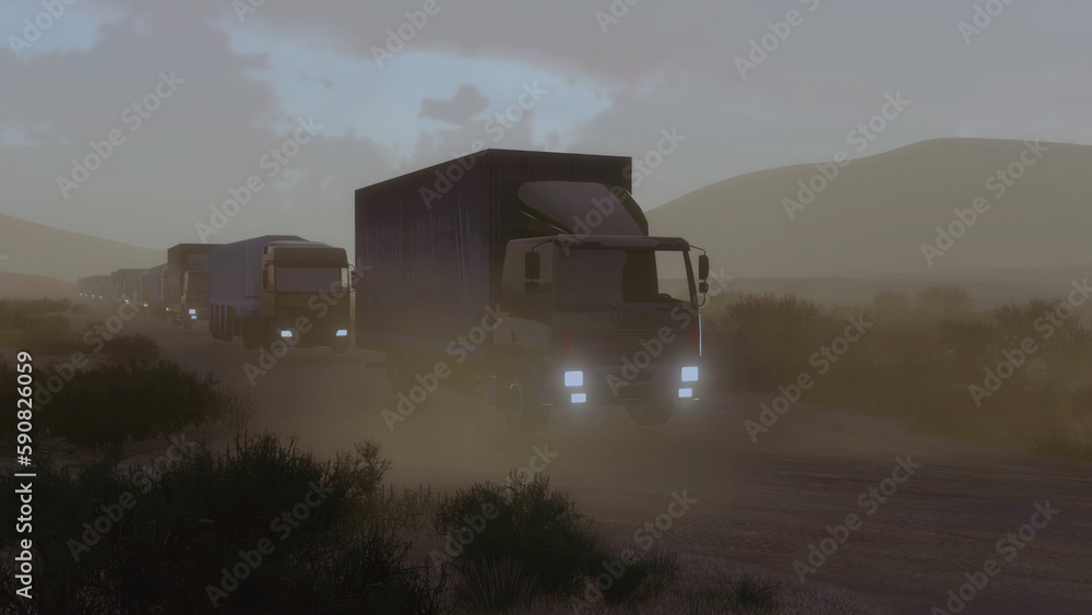 Convoy of military cargo trucks with luminous headlights ride on dirt ...