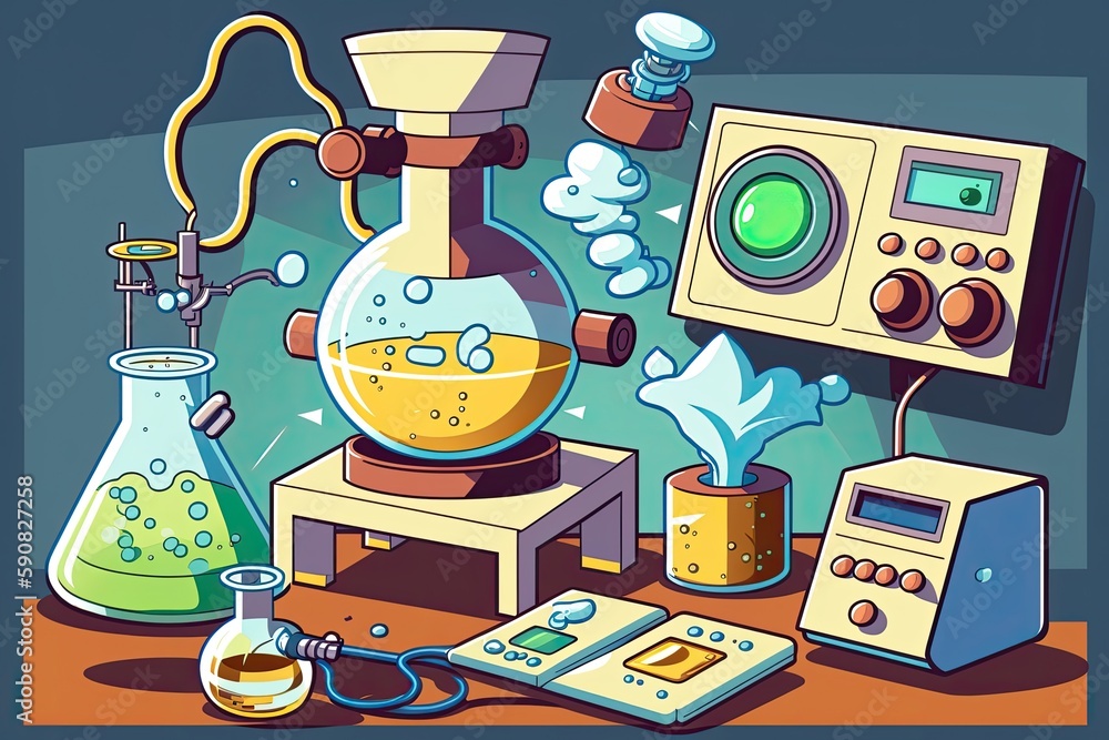 cartoon science lab with a bubbling yellow liquid in a flask ...