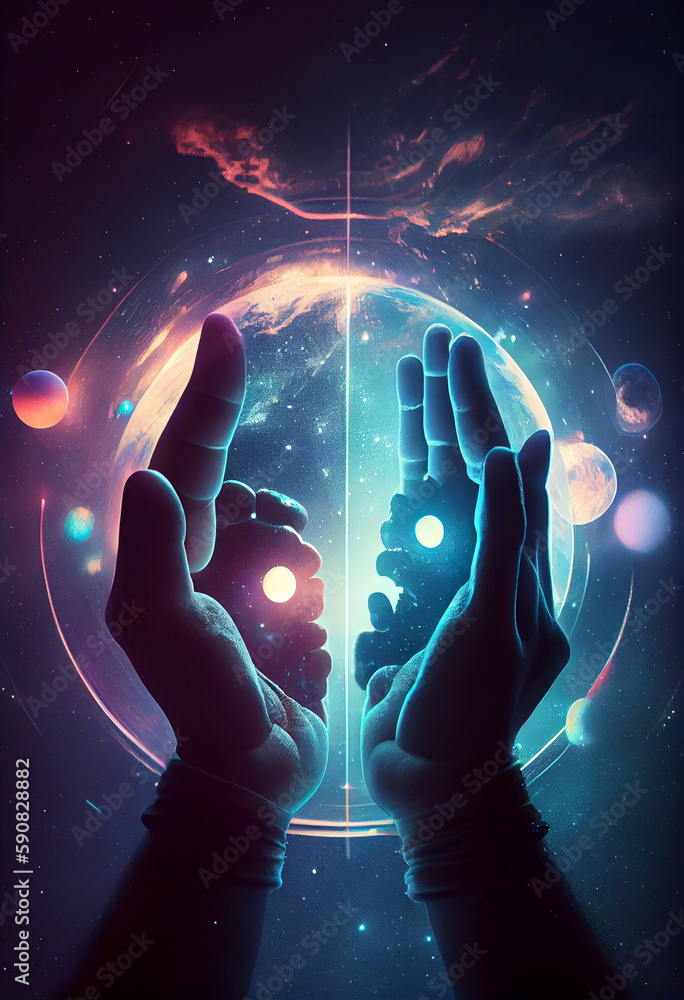 two hands holding two parts of planets with light and space background ...