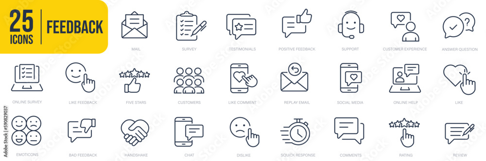 Feedback thin line icons. Editable stroke. Containing ratings, support ...
