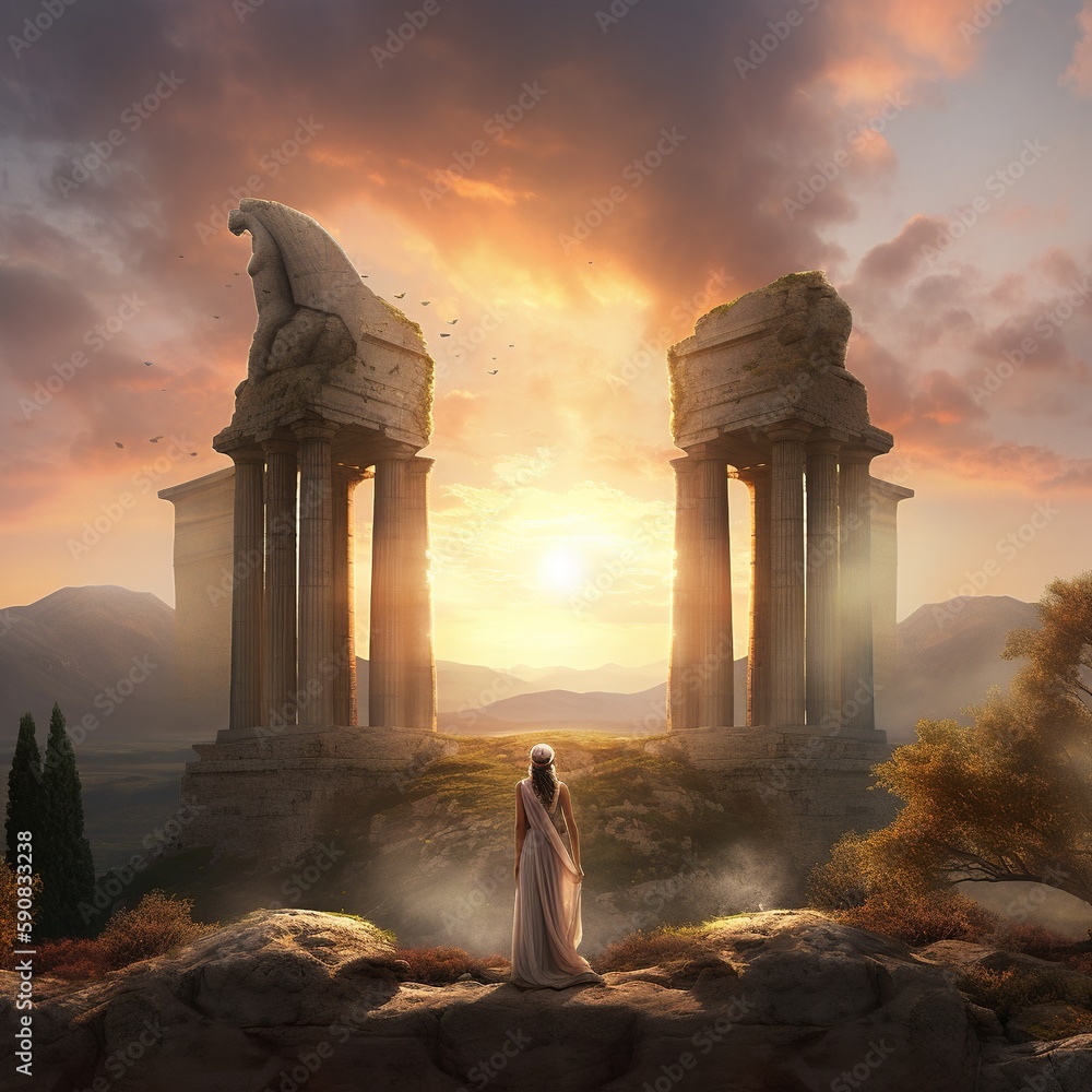 Enchanting illustration of forgotten Ancient Greek temple, overshadowed by imposing goddess ...