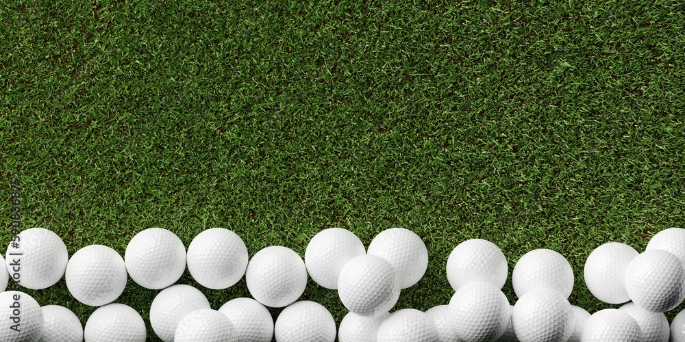 White golf ball border on the bottom of the frame over green grass ...