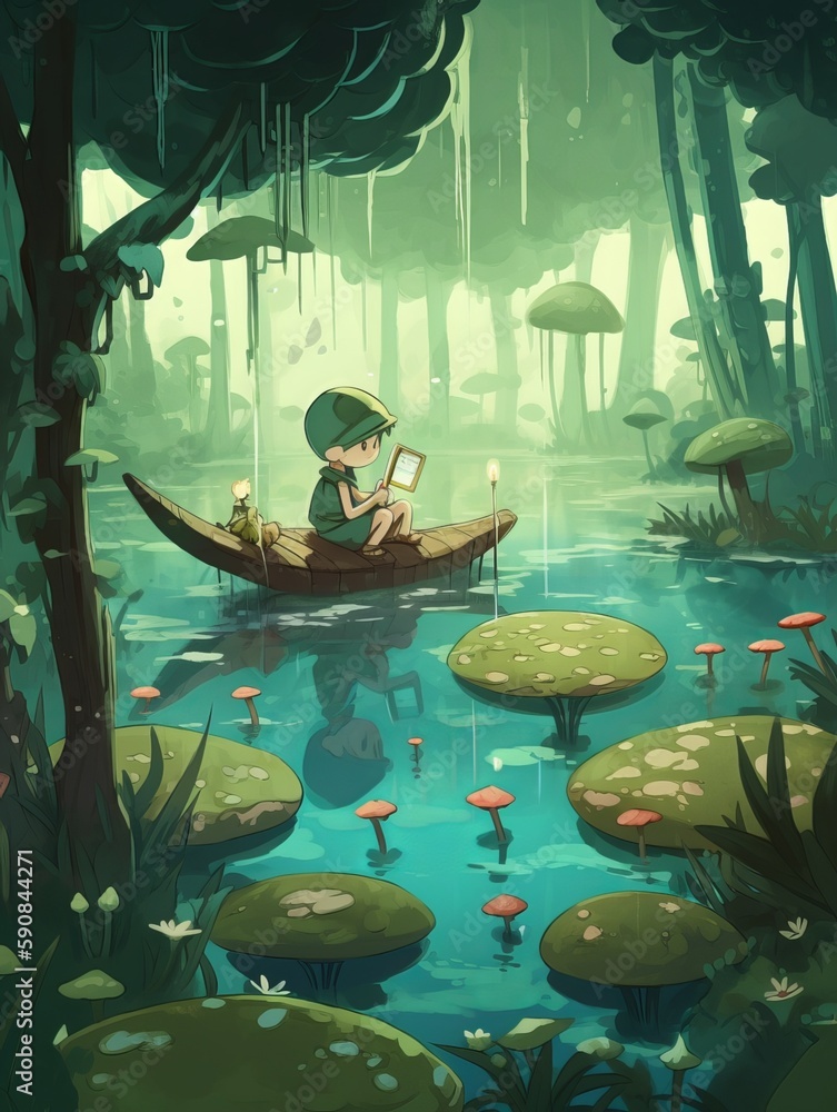 Cute, kawaii chibi little girl in the middle of swamp enjoying the ...