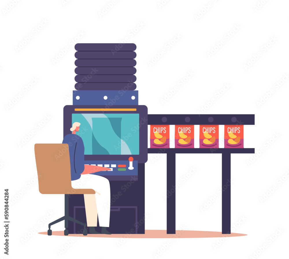 Potato Chips Manufacturing Process. Worker Female Character Wear ...