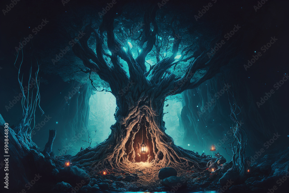 Sacred fantasy tree of life with afterlife portal gate leading to ...
