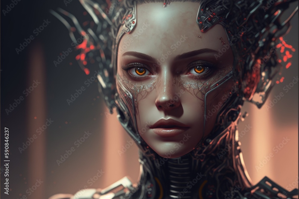 Closeup hybrid cyborg beauty transformation with a girl humanoid face ...