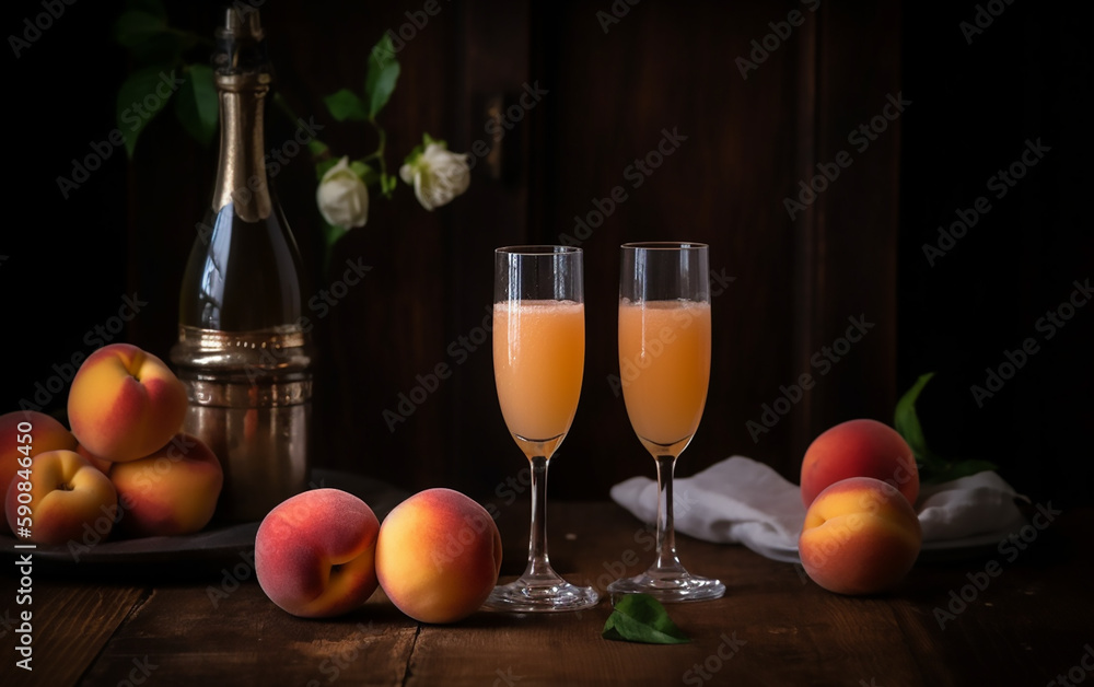 A duo of Bellini cocktails set in a rustic scene with fresh peaches and ...