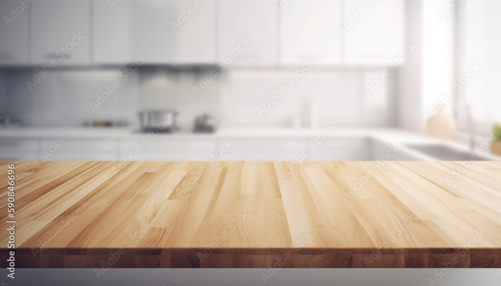 Empty beautiful wood table top counter and blur bokeh modern kitchen ...