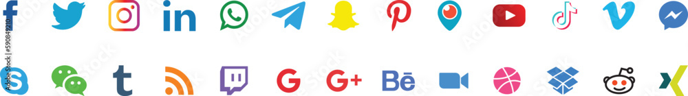 Sets of social media color icons. Facebook, twitter, instagram, youtube, snapchat, pinterest ...