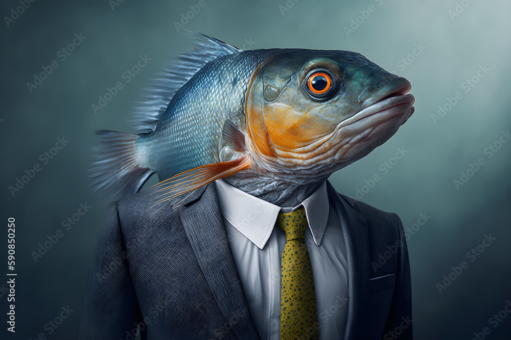Human male body in a business suit with a fish in place of its head. AI ...