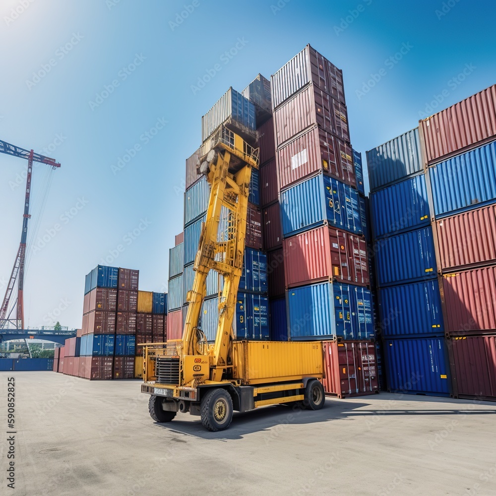 Container stacker crane lifting up stacking container box in yard ...