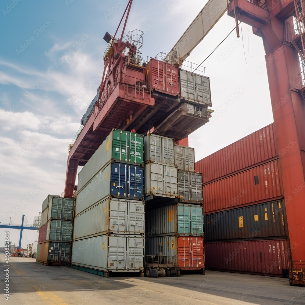Container stacker crane lifting up stacking container box in yard ...