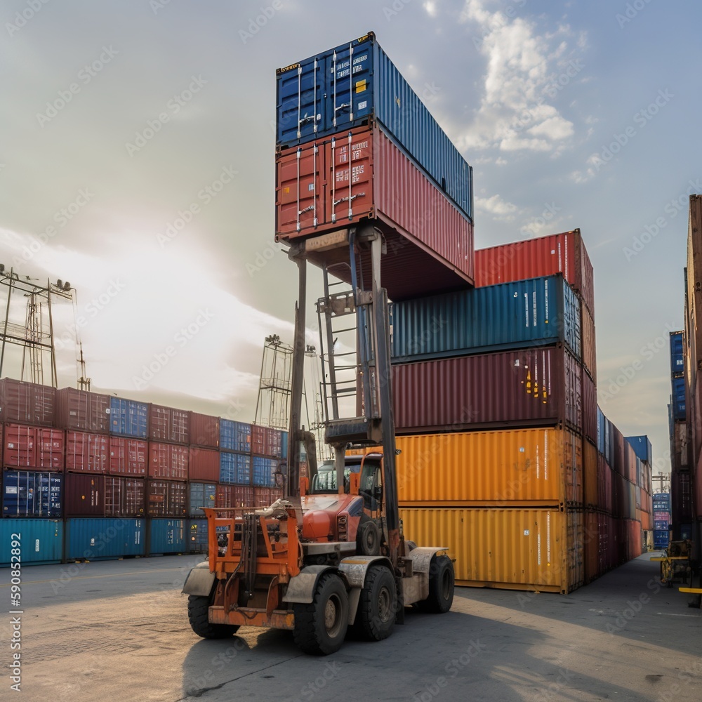 Container stacker crane lifting up stacking container box in yard ...