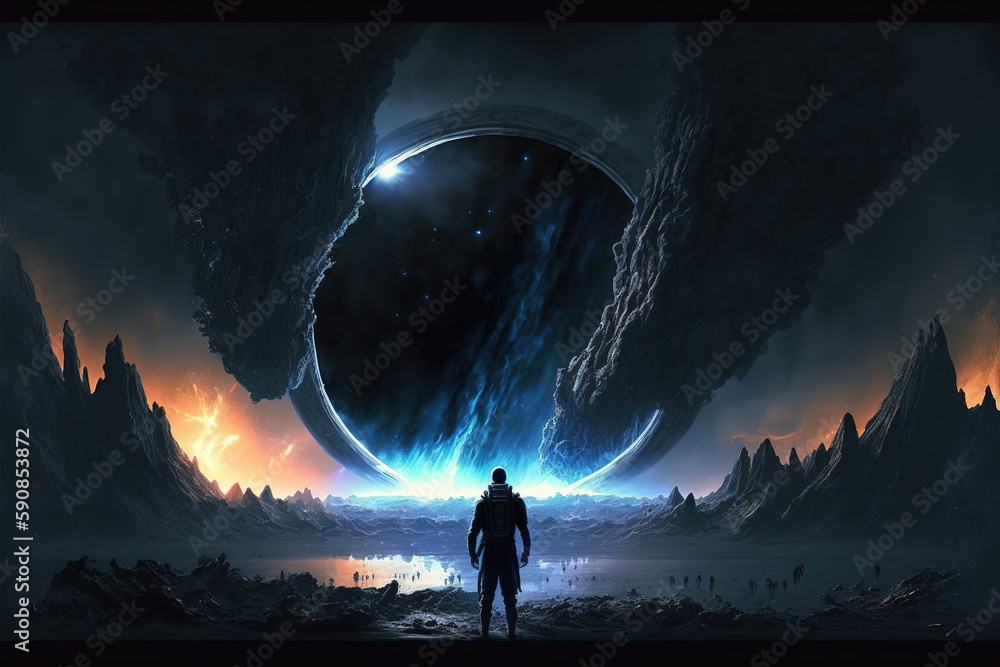 Spaceman travel through the space with mysterious sci-fi fantasy portal ...