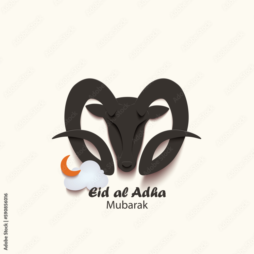 Muslim holiday Eid al-Adha greeting card with white paper cut black Ram ...