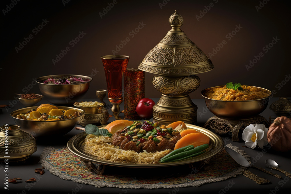 Celebración comida de Ramadán, oración con comida típica, creado con IA ...