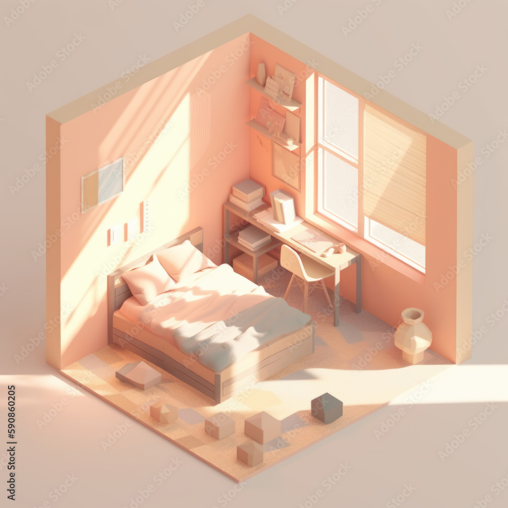Habitación low poly isometrica color beige, cuarto pequeño 3d con luz natural, dormitorio ...