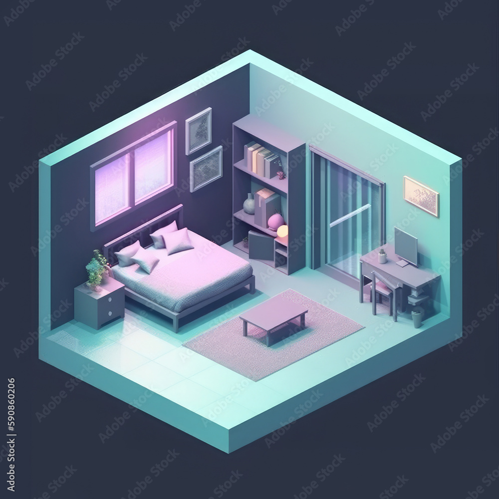 Habitación low poly isometrica aesthetic, cuarto pequeño 3d con luz RGB, dormitorio aesthetic ...