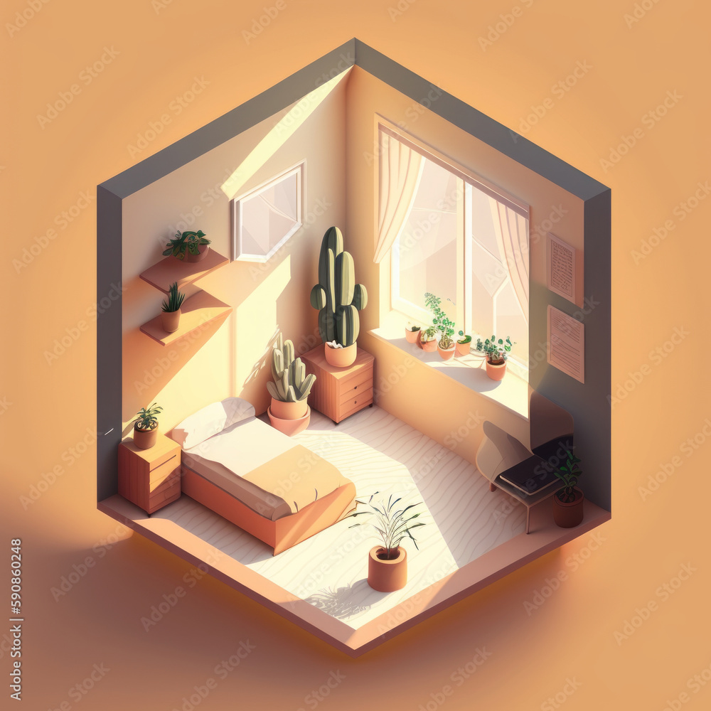 Habitación low poly isometrica color beige, cuarto pequeño 3d con luz natural, dormitorio ...