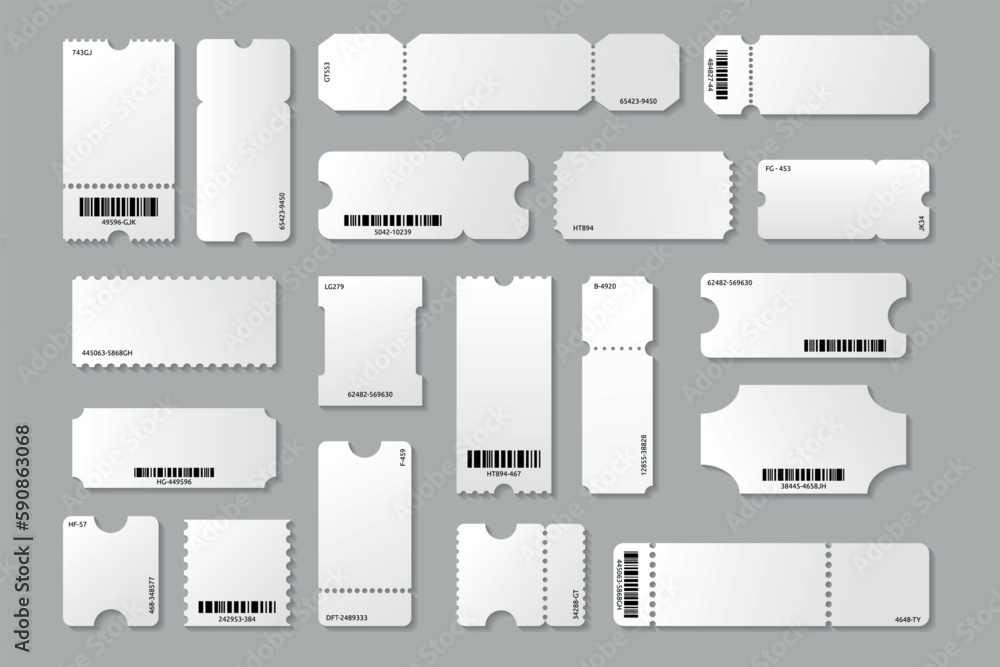 Concert ticket. Lottery or movie mockup. Event coupons with barcodes ...