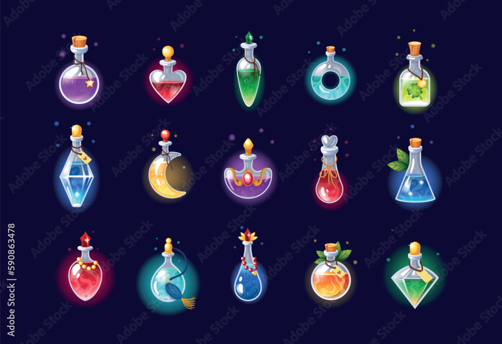 Magic potion bottle, poison vial different forms. Witch, wizard or ...