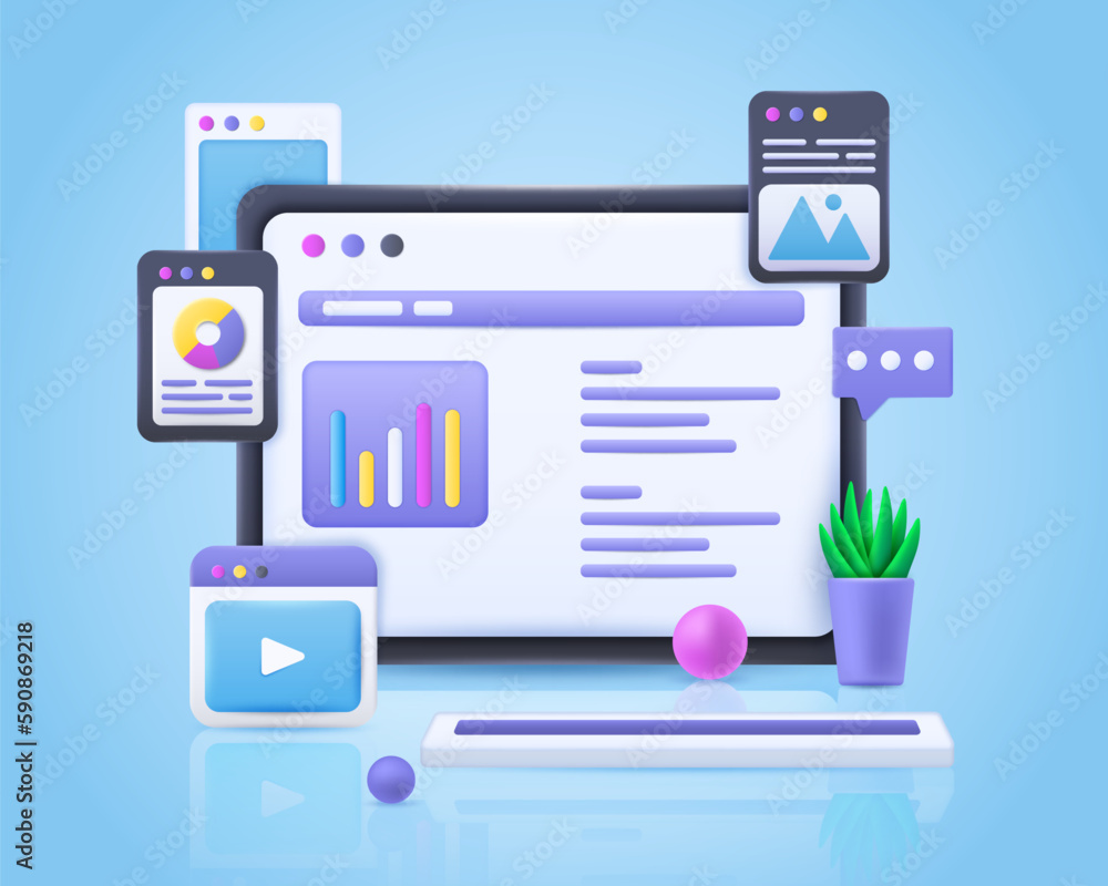 Vetor de 3D graphic. UX UI design. Internet website create. Web screen for computer developer ...