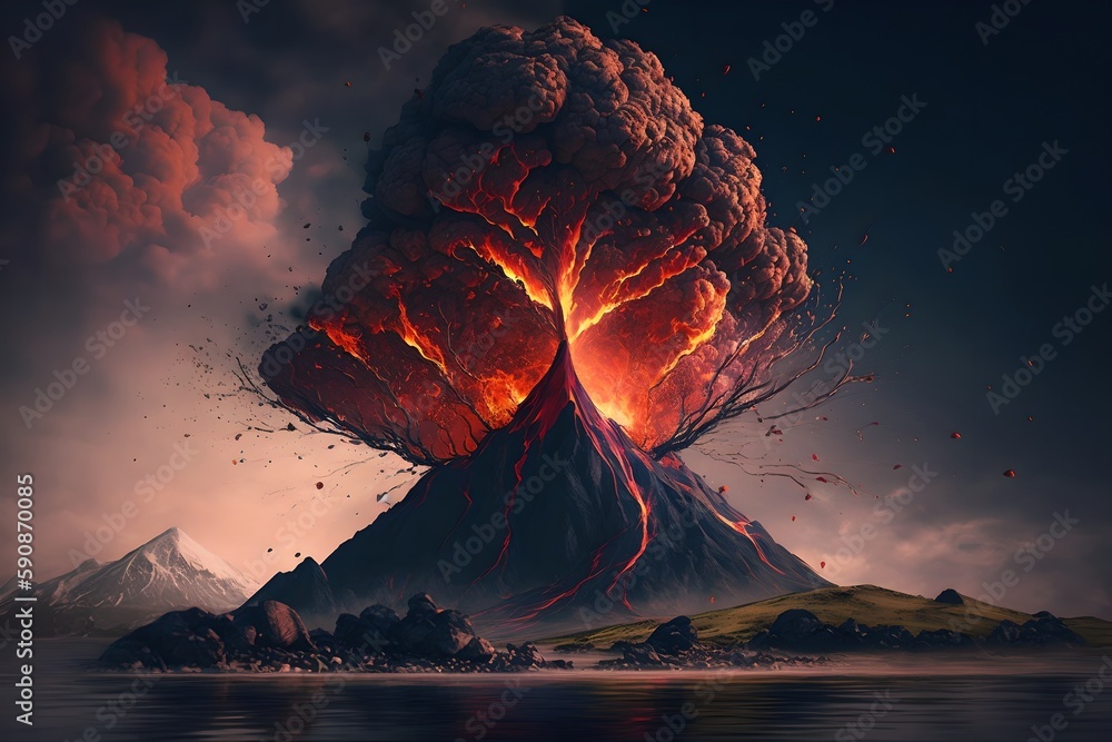 Volcano erupting, earthquake and natural disaster, huge smoke cloud and ...