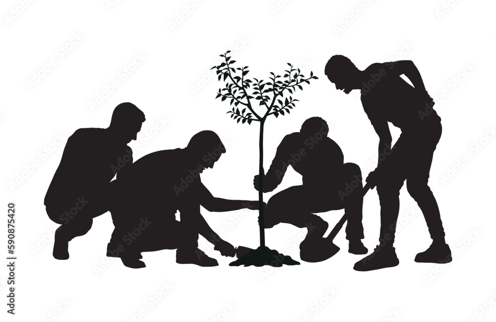 Silhouette group of people planting a tree together. Digging hole for ...