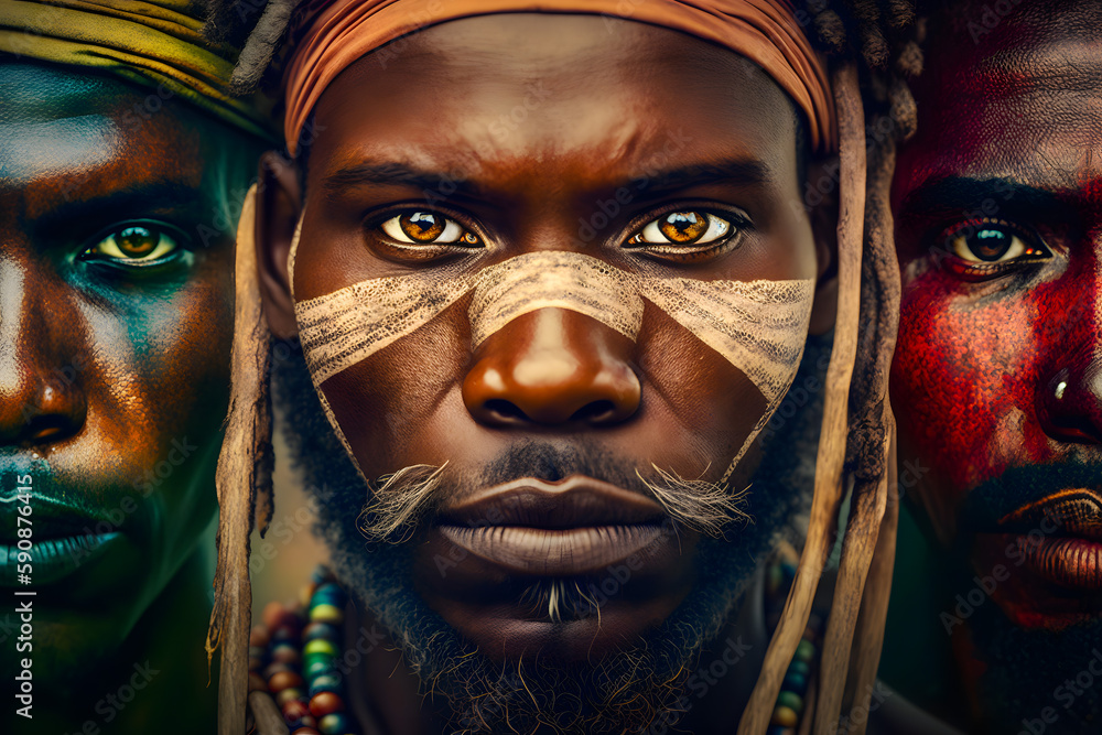 Three male faces of an African, local typical inhabitants of the tribes ...
