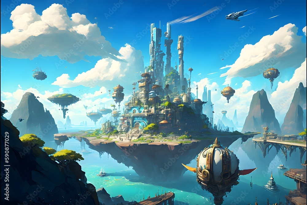 large expansive city on many floating islands separated islands apex ...