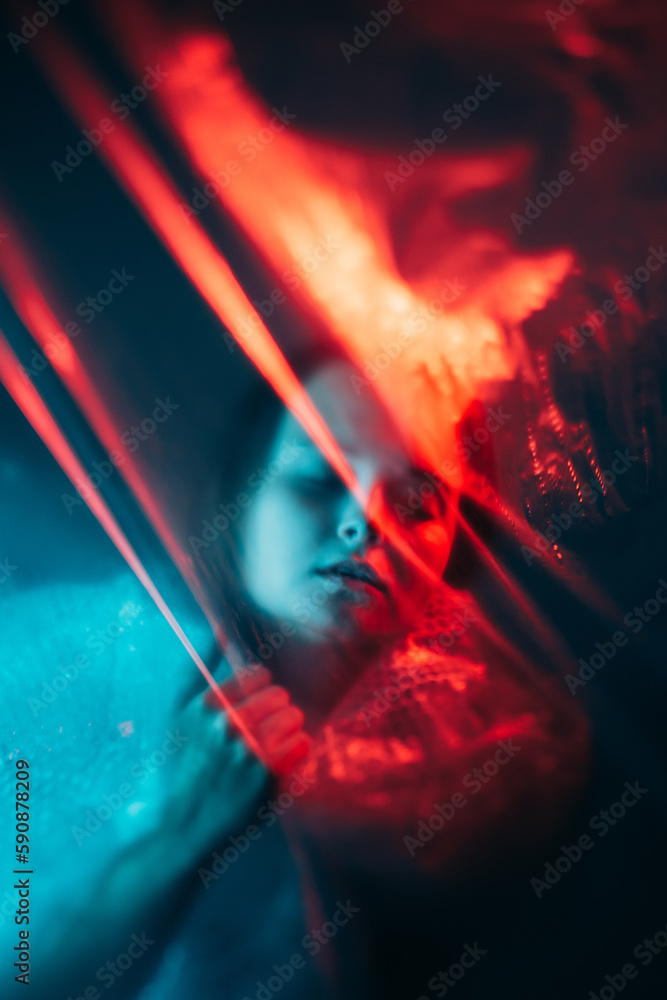 Plastic pollution. Global warming. Ecology problem. Red blue color ...