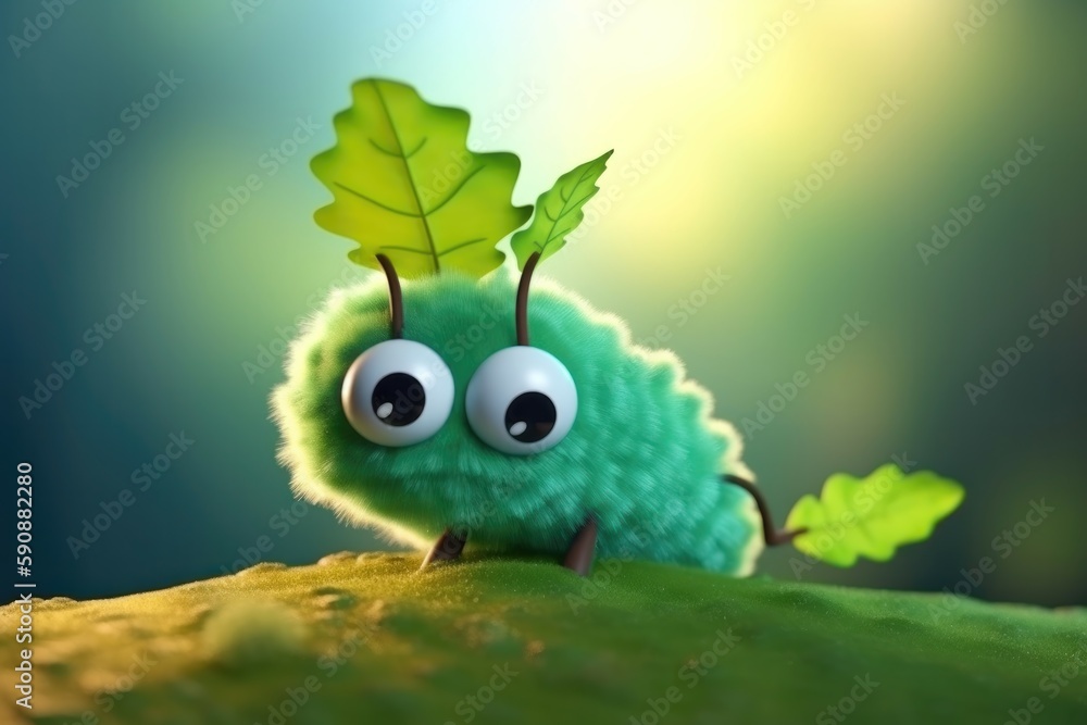 3D cartoon fuzzy cute caterpillar is inching its way up a leaf, ready ...