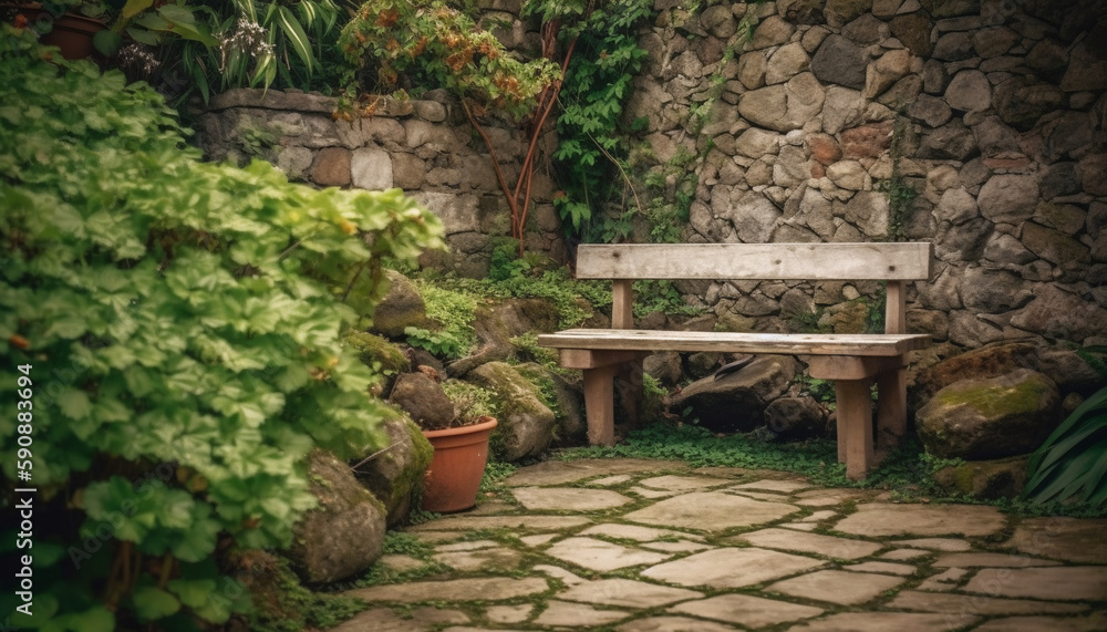 Backyard garden wooden bench a place to sit and relax with nature and ...