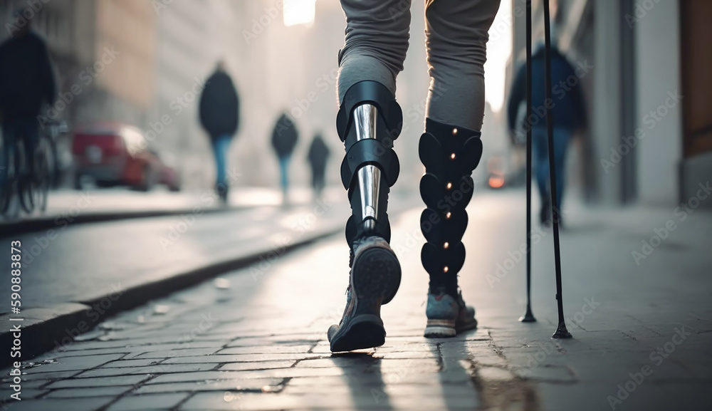 athlete man with prosthetic leg walking outdoor, close up at disabled ...