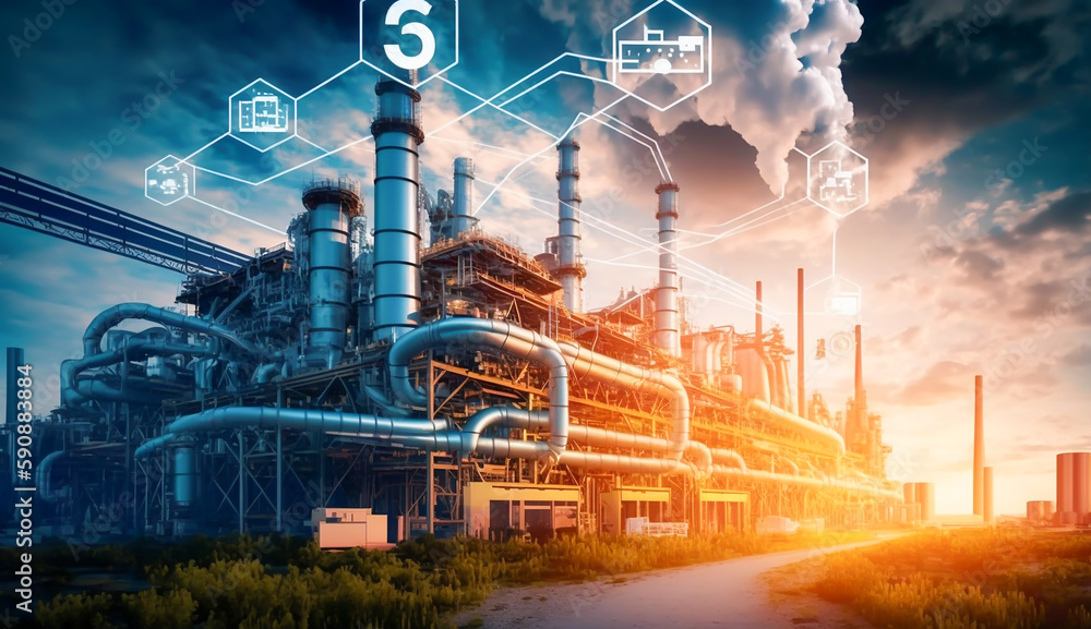 Modern factory, communication network. Telecommunication. IoT, Internet ...