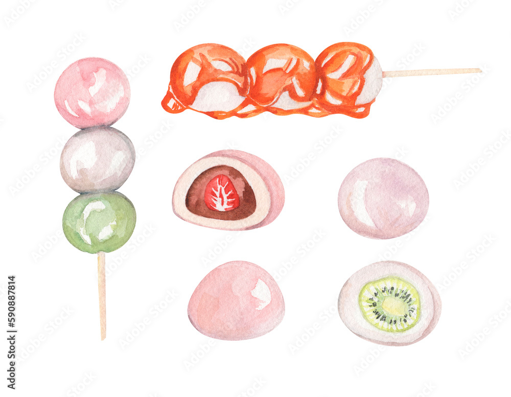Asian food. Wagashi. Watercolor food illustration.Japanese desserts ...