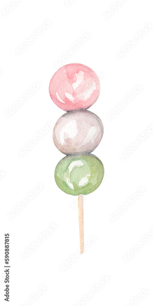 Mitarashi dango. Wagashi. Watercolor japanese food. Asian sweets ...