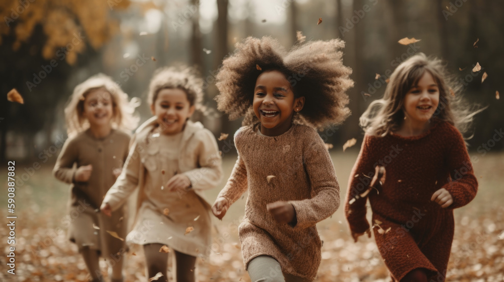 Diverse Group of Multi-Ethnic Young Girls Playing Outdoors in The Fall ...
